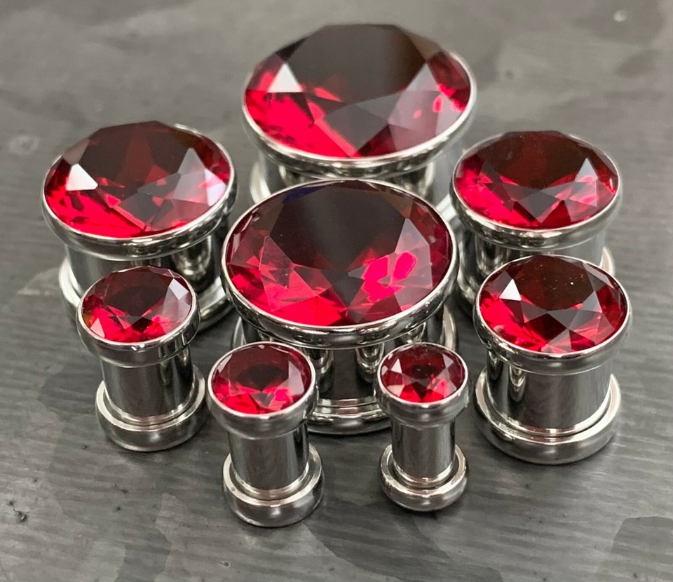 PAIR Large Red Gem Screw Fit Tunnels Plugs Gauges Pierced Body Jewelry ...