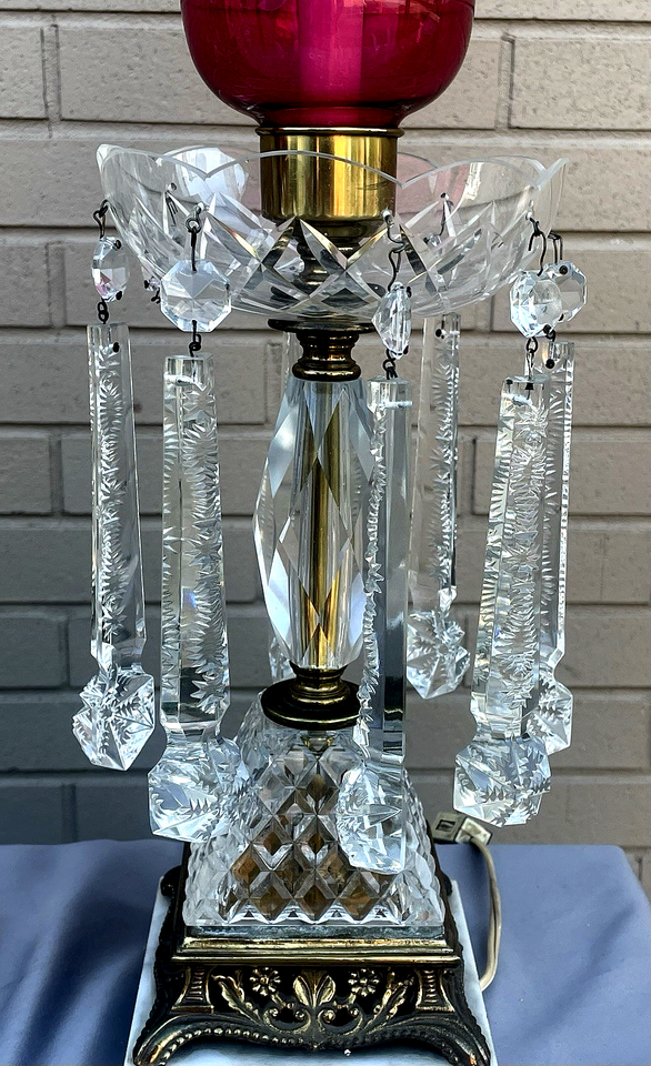 Vintage Crystal Boudoir Lamps Etched Cranberry Shades & Prisms on ...