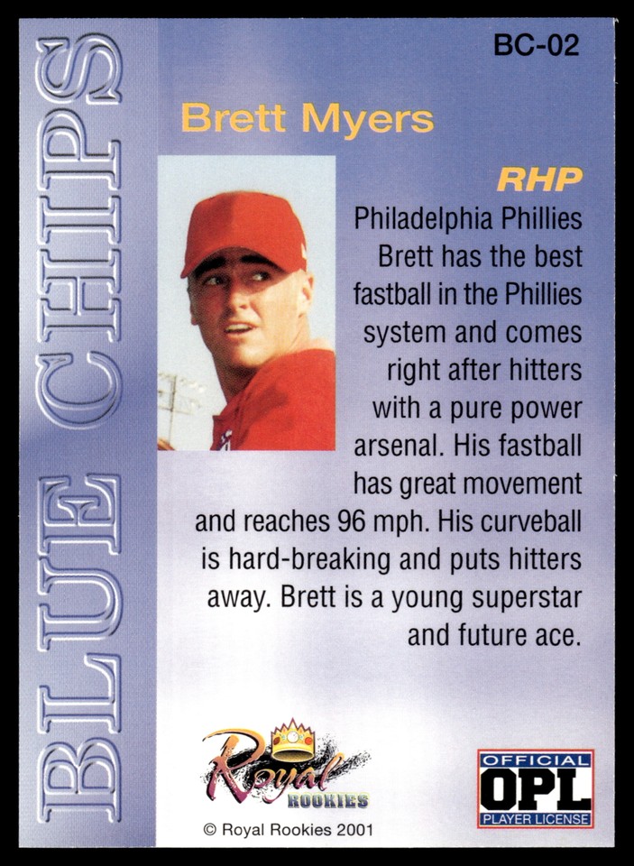 2001 Royal Rookies Futures #BC-02 Brett Myers Rookie Blue Chips ...