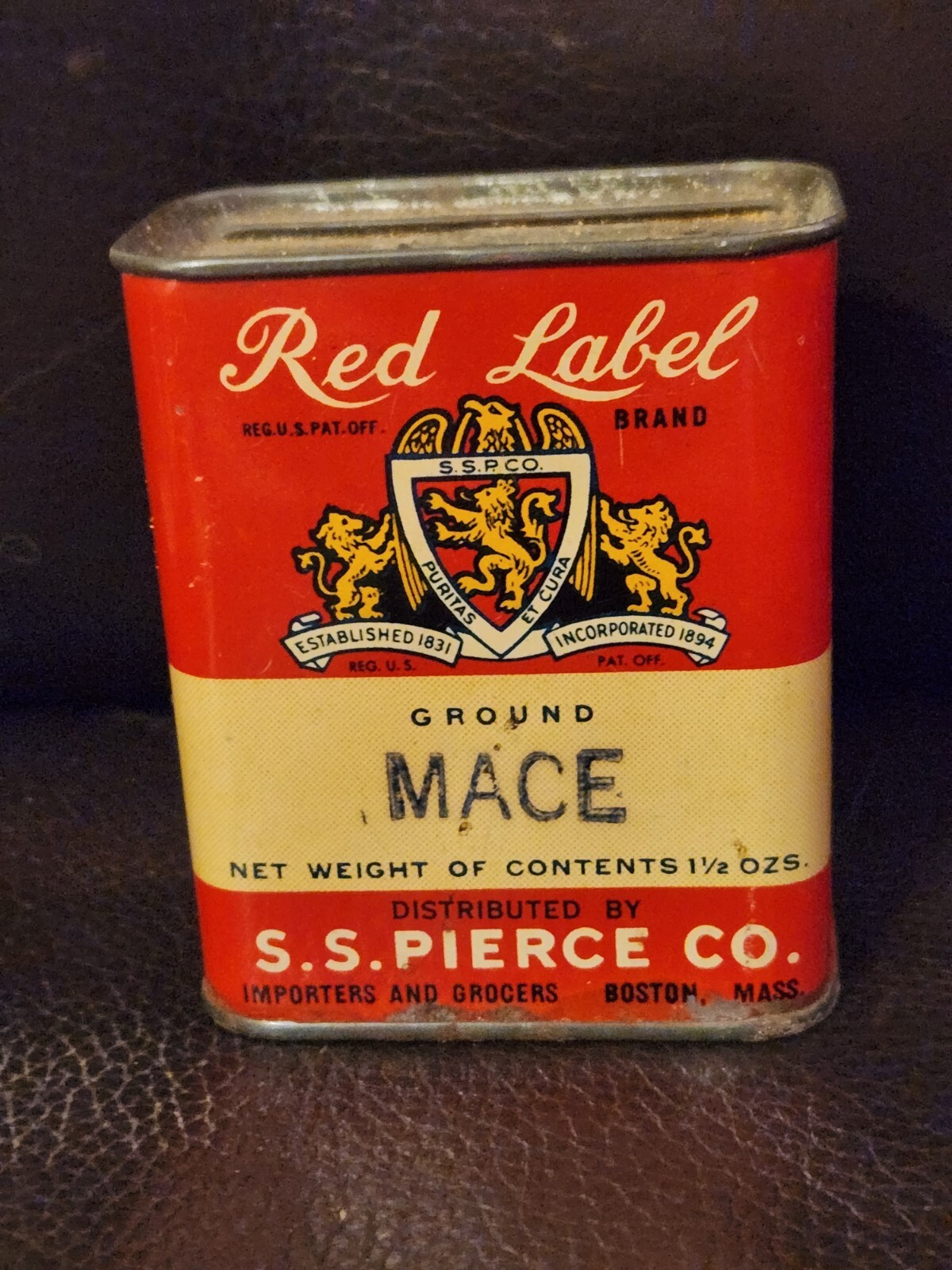 VINTAGE EARLY RED LABEL BRAND SPICES MACE FROM BOSTON, MASS SPICE TIN ...