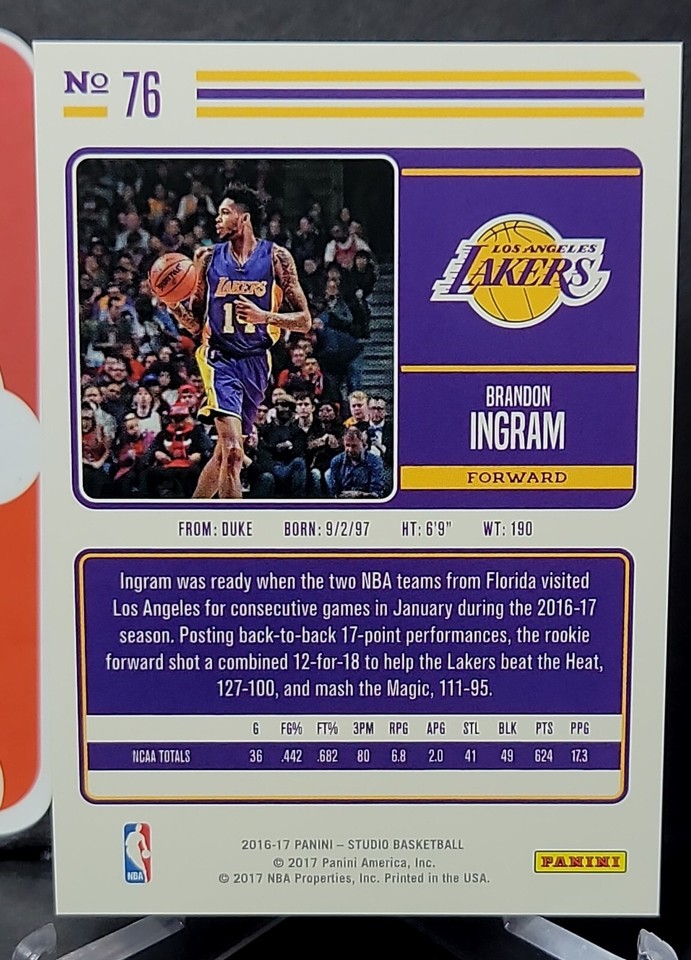 2016-17 Panini Studio Brandon Ingram Rookie Card RC #76 Lakers foil ...