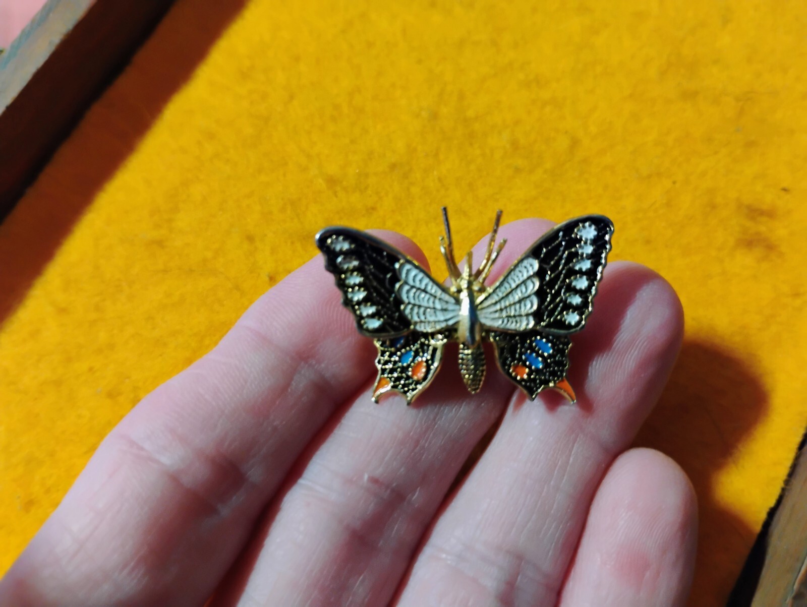 Vintage 1970's Enamel Damascene Butterfly Brooch Pin … - Gem