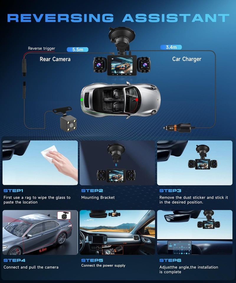 4 Channel Dash Cam 360° View, 1080P Front and Rear Inside, Left Right ...
