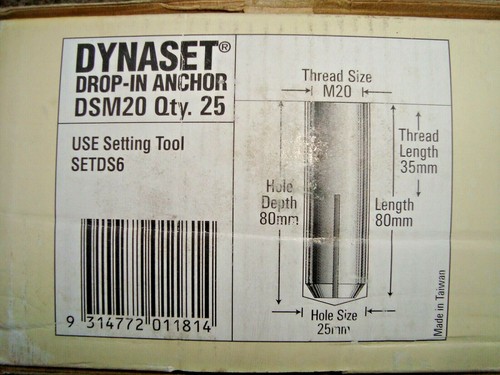 Drop In Anchor M20 x 80mm QTY 25 Zinc Yellow SMOOTH BODY Masonry Ramset ...