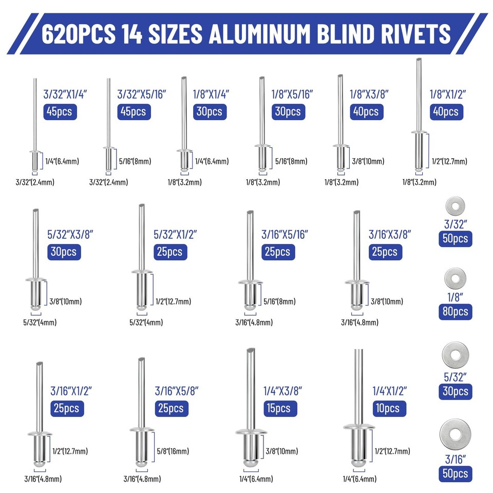 620pcs Pop Rivets Assortment Kit Aluminum Blind Rivets 14 Sizes Blind ...