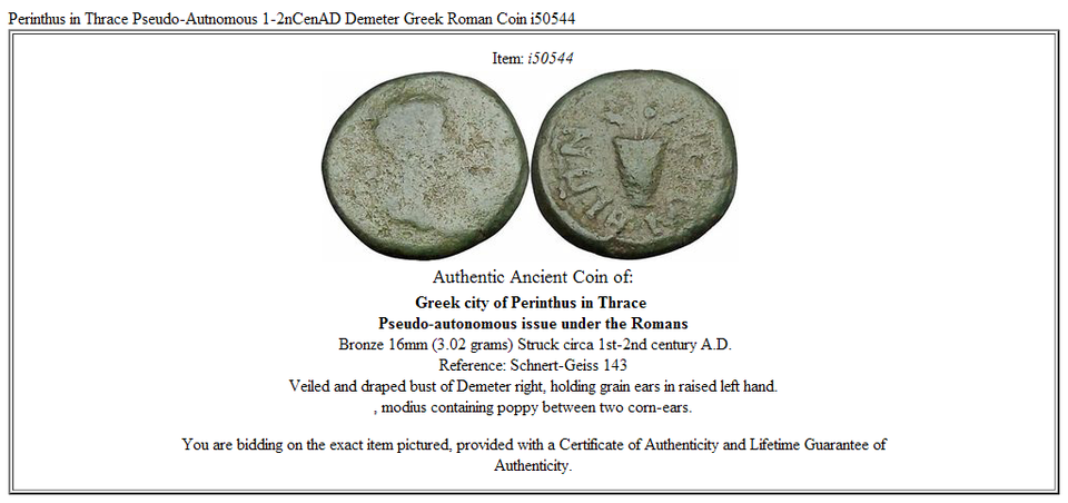 Perinthus in Thrace Pseudo-Autnomous 1-2nCenAD Demeter Greek Roman Coin ...