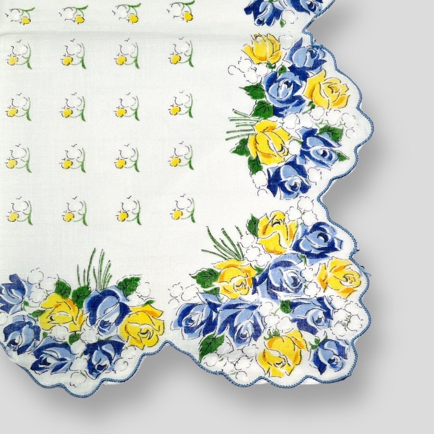 Vintage Handkerchief, Hanky, Blue and Yellow roses, Springtime, Easter ...