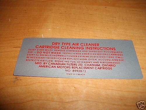 1973 AMERICAN MOTORS AMC V8 AIR CLEANER SERVICE DECAL | eBay