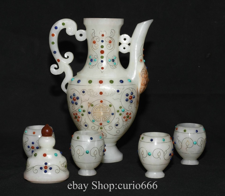 Old Dynasty Natural Hetian Jade Gold Inlay Gem Beast Pattern Wine ...