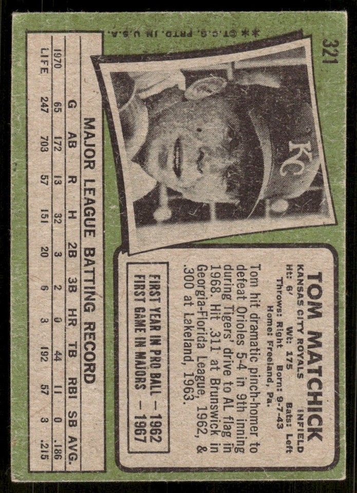 1971 Topps Tom Matchick #321 Kansas City Royals Baseball Card | eBay