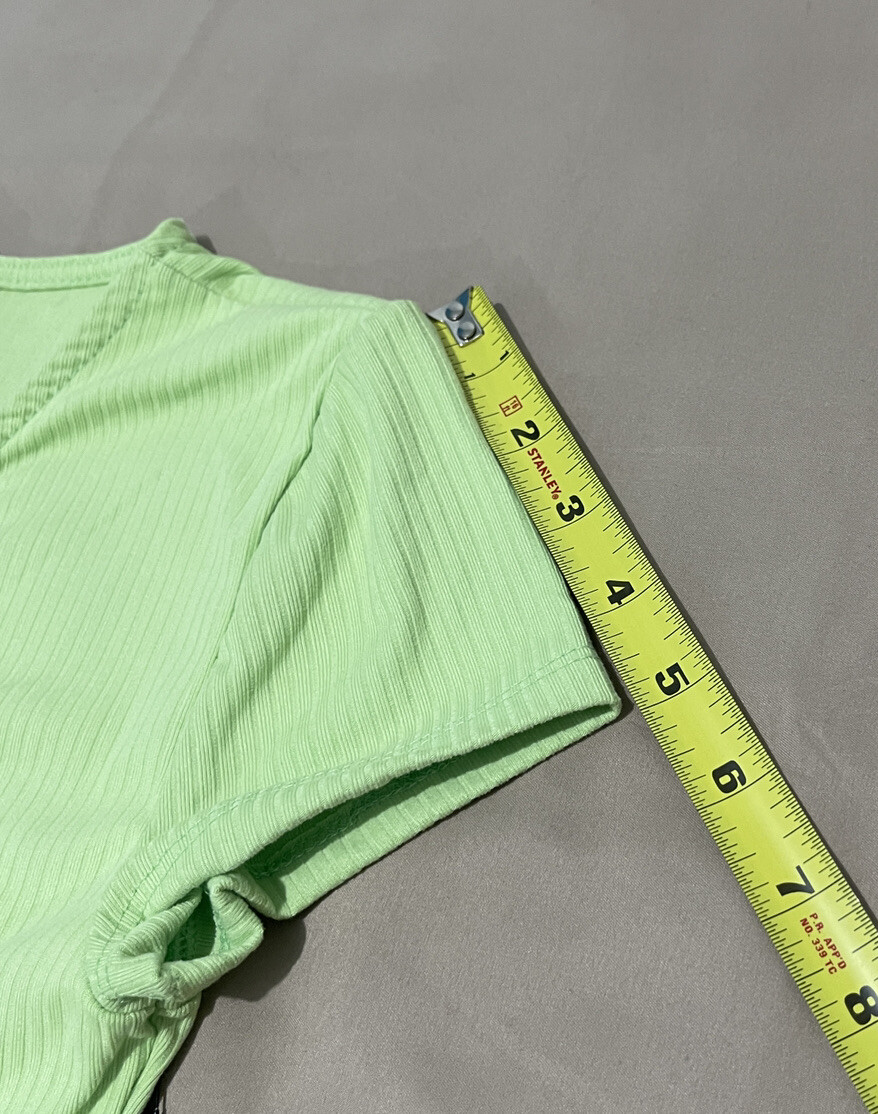 New YMI Collections Green Wrap Blouse Crop Ribbed Knit Tie Waist V-Neck ...