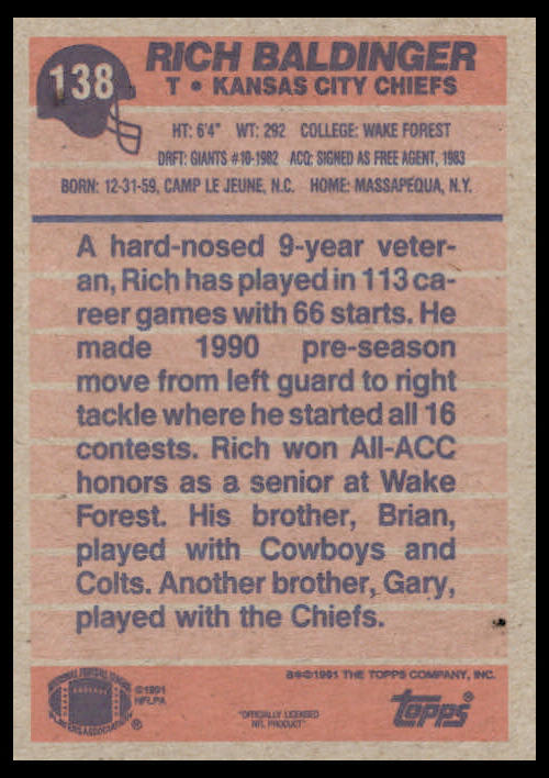 1991 Topps #138 Rich Baldinger Kansas City Chiefs Football Card | eBay
