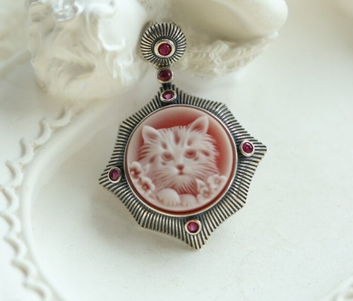 F18 Cat Kitten Cameo Pearl Agate Red Aureole Pendant Silver 925 | eBay