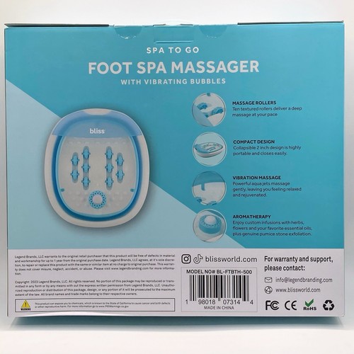 Bliss Blue Collapsible Foot Spa Massager Spa To Go w/ Vibrating Bubbles ...