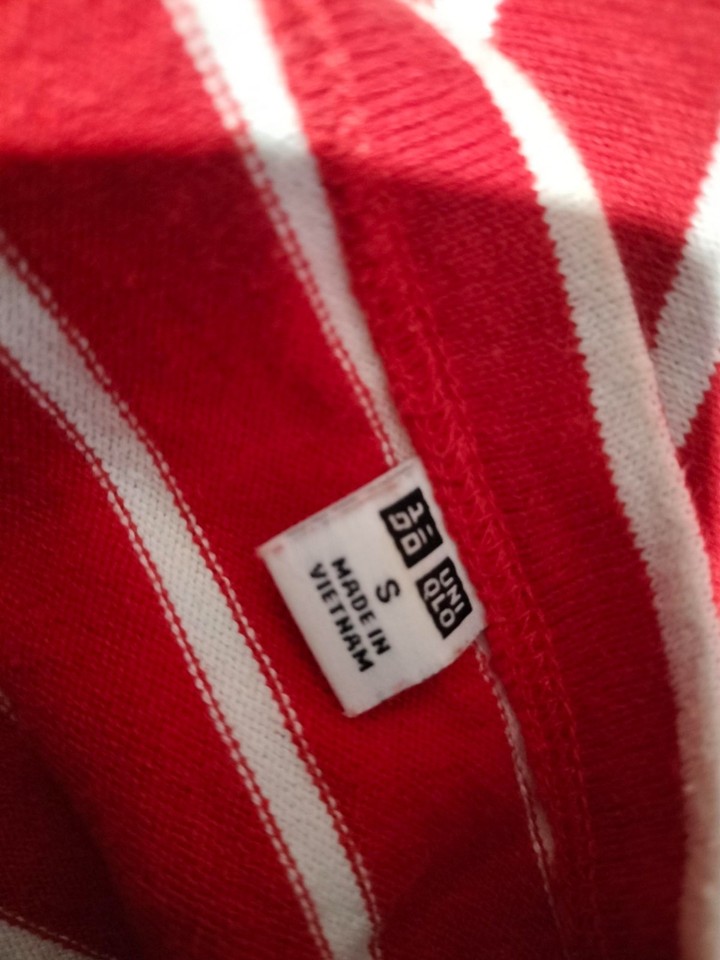 Uniqlo Womens Red and White Striped Long Sleeve Round Neck Top - Size S ...