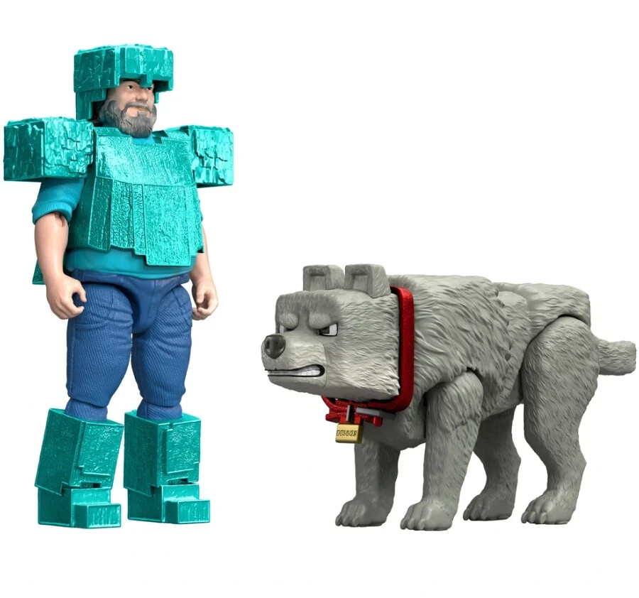 Minecraft Movie Steve in Diamond Armour figurine & Dennis the Wolf ...