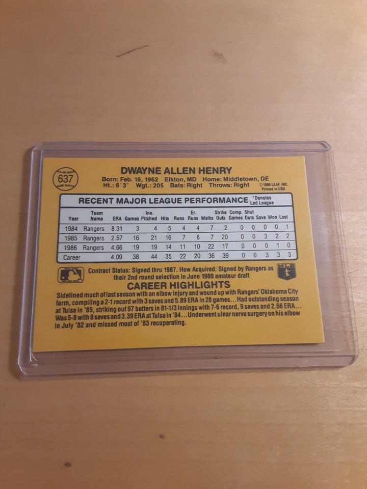 1987 Donruss #637 DWAYNE HENRY Texas Rangers Baseball Card, Pitcher, RP ...