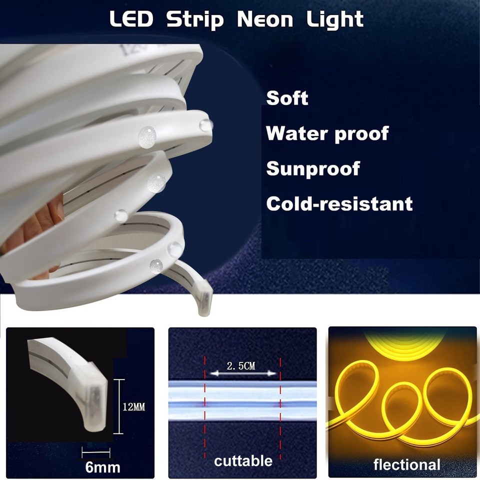 White Neon LED Strip Lights, 16.4ft 12V DC 600 SMD2835 LEDs Waterproof ...
