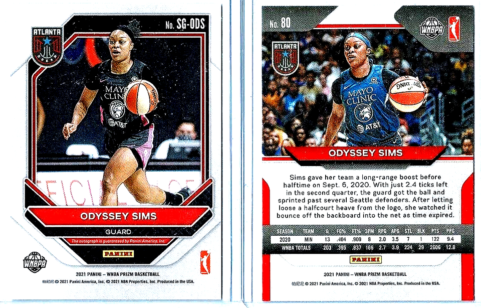 ODYSSEY SIMS 2021 Panini Prizm WNBA Auto Card #SG-ODS + FREE Base Card ...