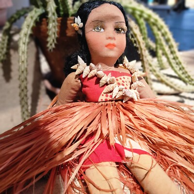Cloth Hawaiian Polynesia Hula Girl Doll Grass Skirt Luau 13" Antique ...