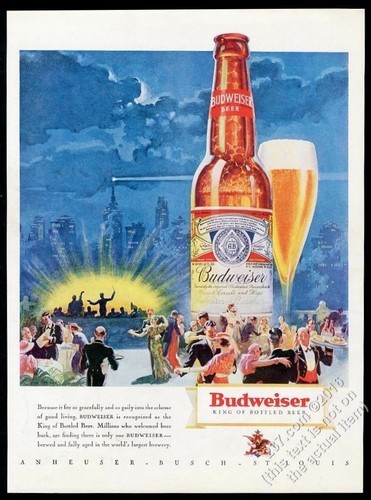 1933 Budweiser Beer big bottle and party Fred Mizen art vintage print ...
