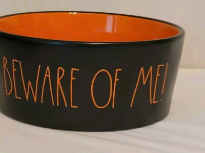 Rae Dunn Halloween Black Orange “BEWARE OF ME!” Dog Pet Bowl LARGE Dish ...