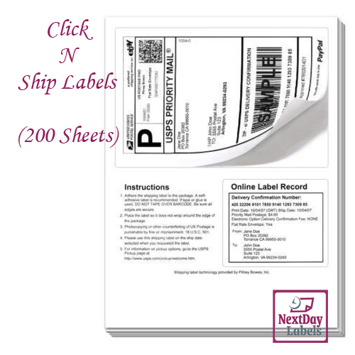 200 Click-N-Ship Labels with Tear Off Receipt! USA Made. Print postage ...