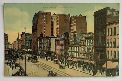 1909 NY Postcard Buffalo New York Main Street scene trolley buildings ...