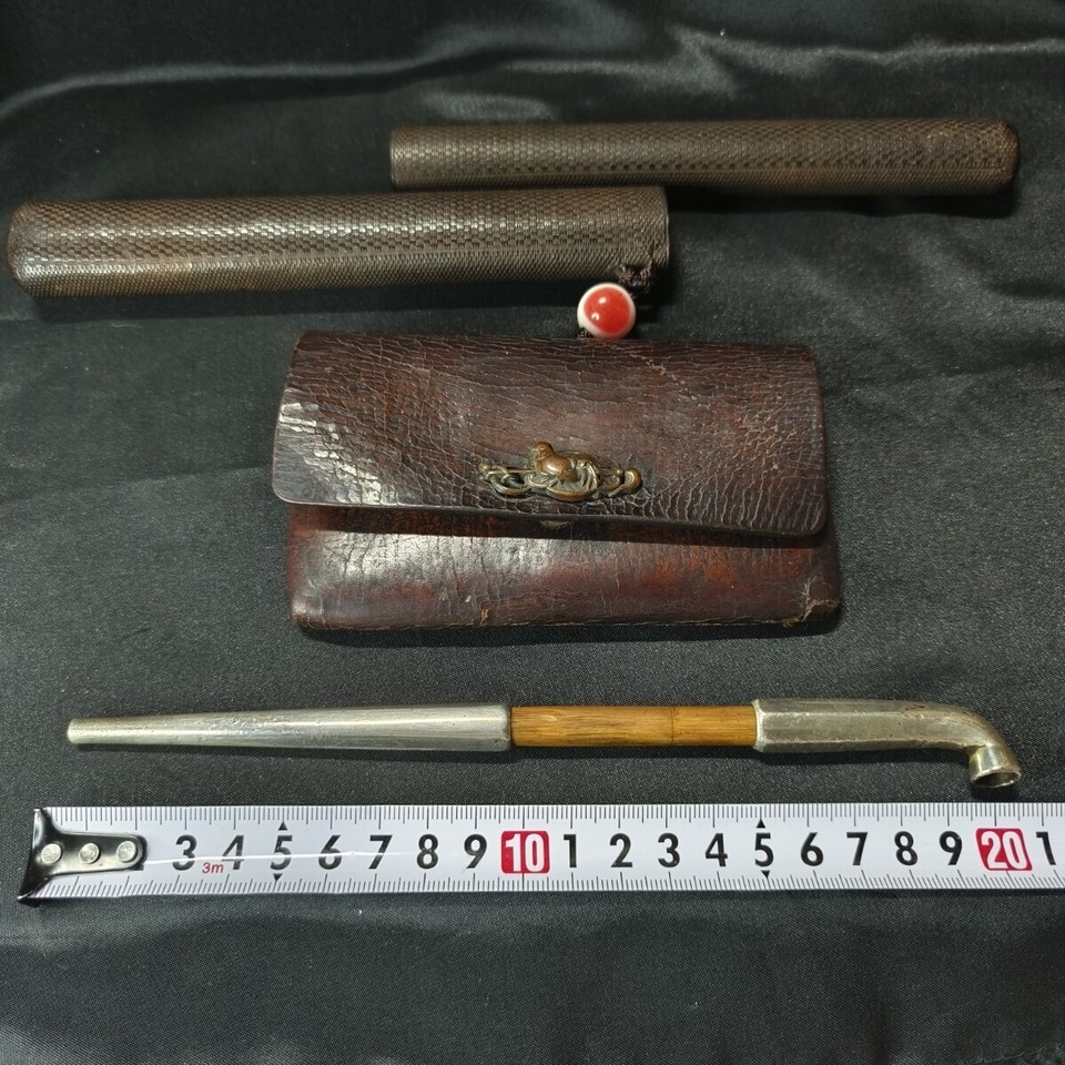 Vintage! Japanese antique silver smoking pipe Kiseru with leather case ...