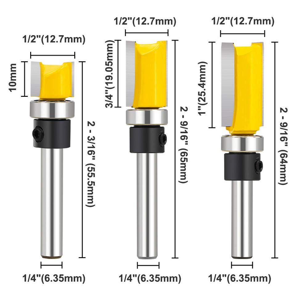 3Pcs Top Bearing Flush Trim Carbide Router Bit Set 1/4'' Shank Milling ...
