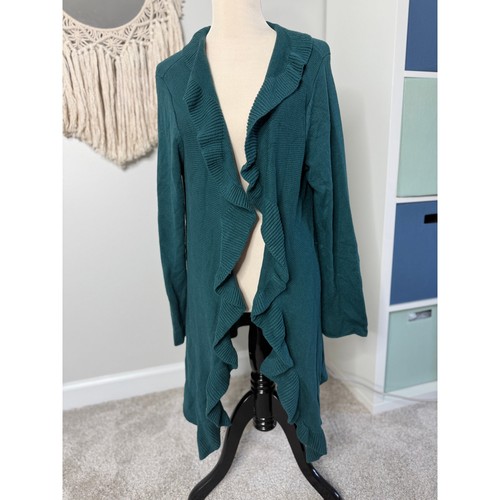 J. Jill Teal Green Draped Ruffle Front Open Cardigan Longline Sweater ...