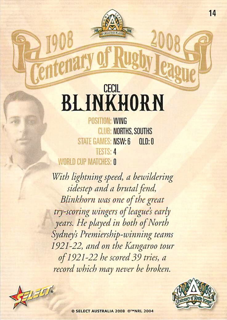 New 2008 SOUTH SYDNEY RABBITOHS NRL Card CEC BLINKHORN Centenary | eBay