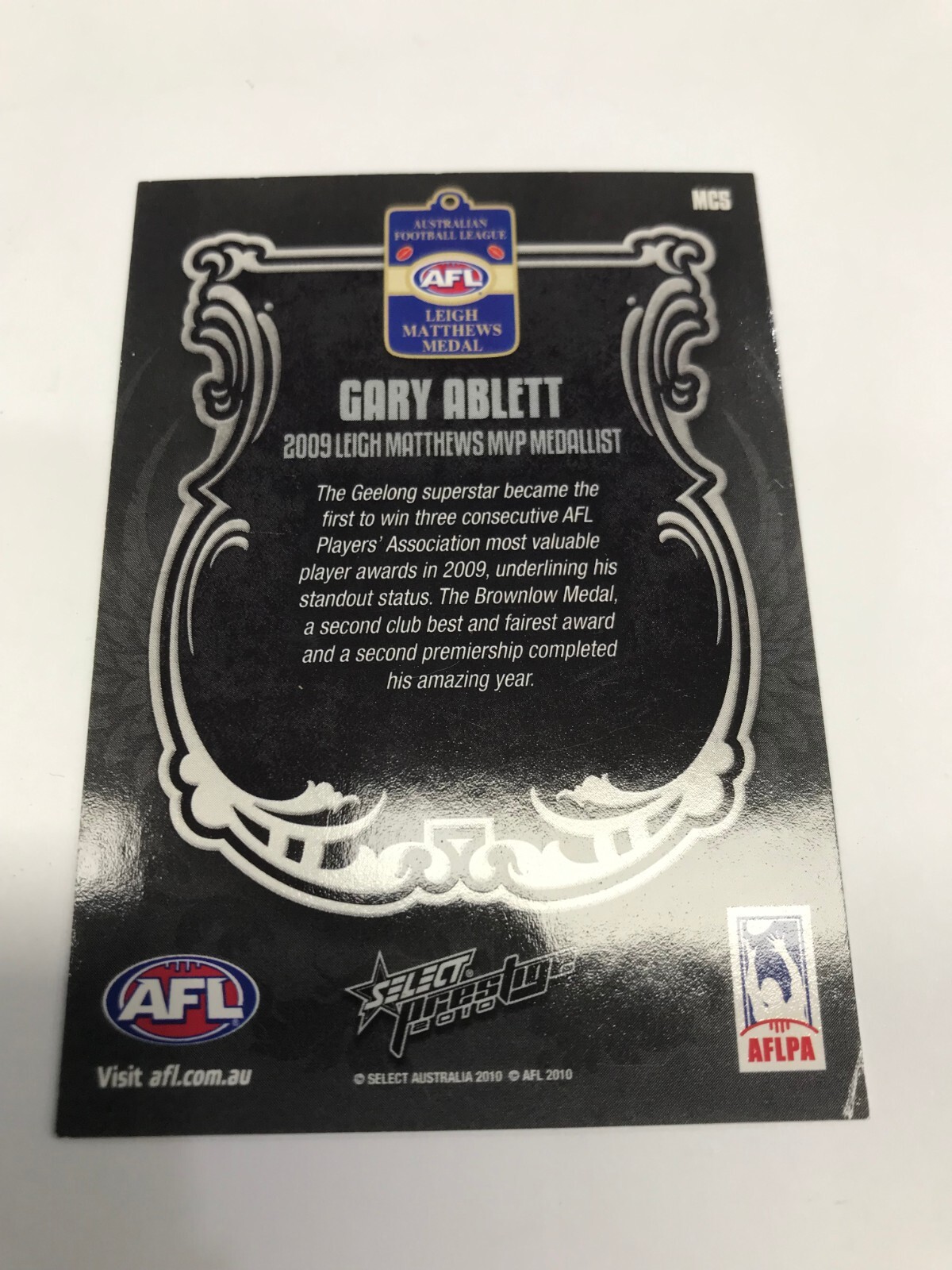 2010 Select AFL Prestige Trading Card Series Medal Card MC5 Gary Ablett ...