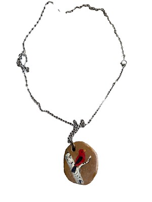 Pendant Necklace Cardinal Red Bird Silver Chain Handpainted | eBay
