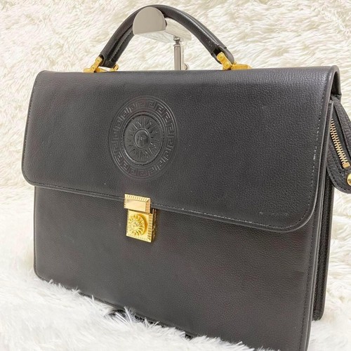 VERSACE Briefcase Business bag HandBag Leather Black Sunburst Embossed ...