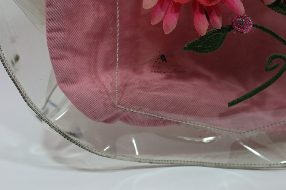BEBE Clear Purse Tote Pink Plastic Bag Transparent Flower Embroidery ...
