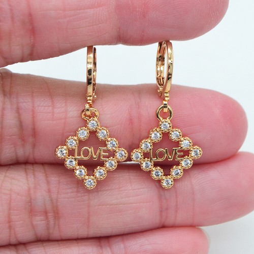 18K Yellow Gold Filled Women Clear Topaz LOVE Rhombus Dangle Earrings ...