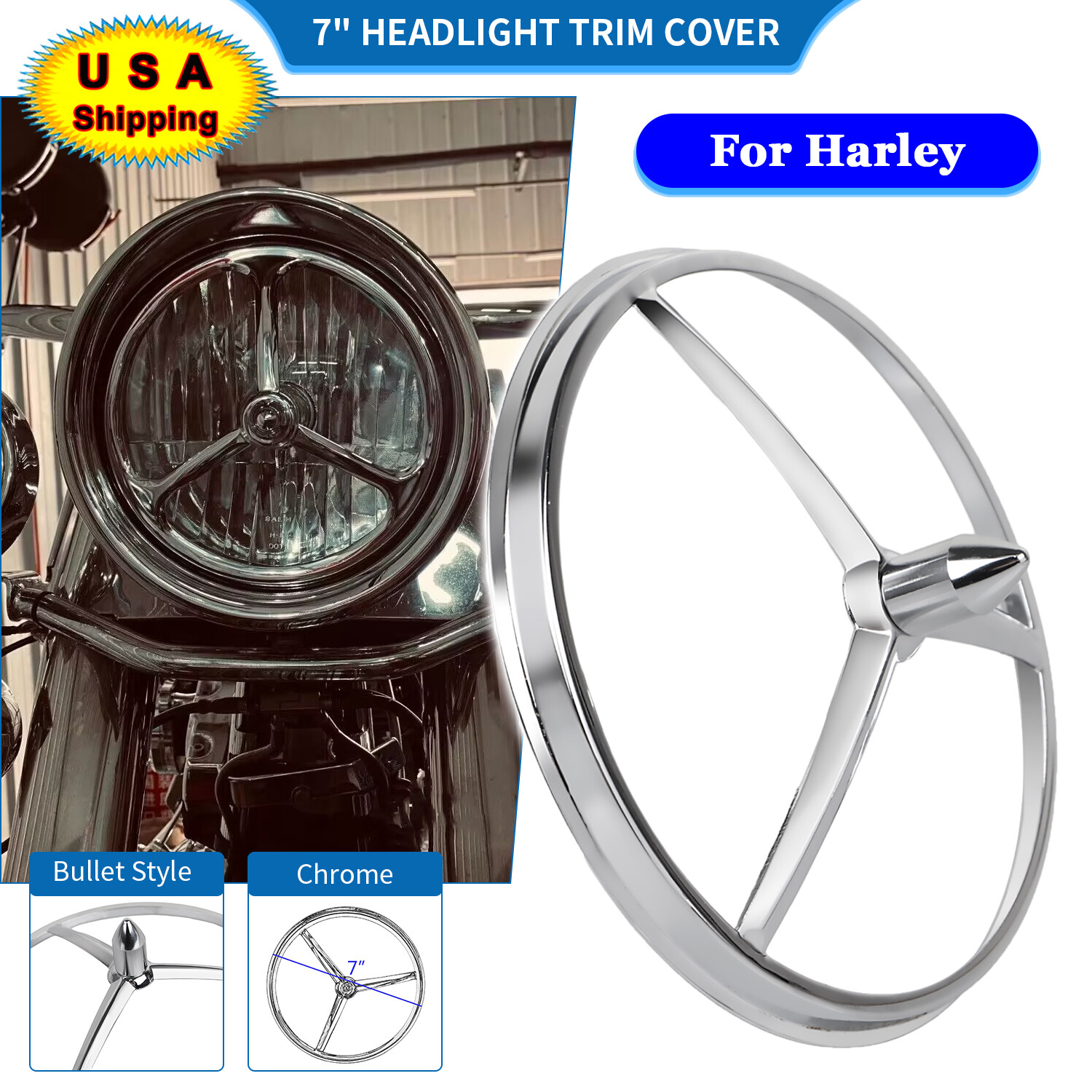 Chrome 7" Headlight Trim Ring Cover For Harley Softail Electra Glide ...
