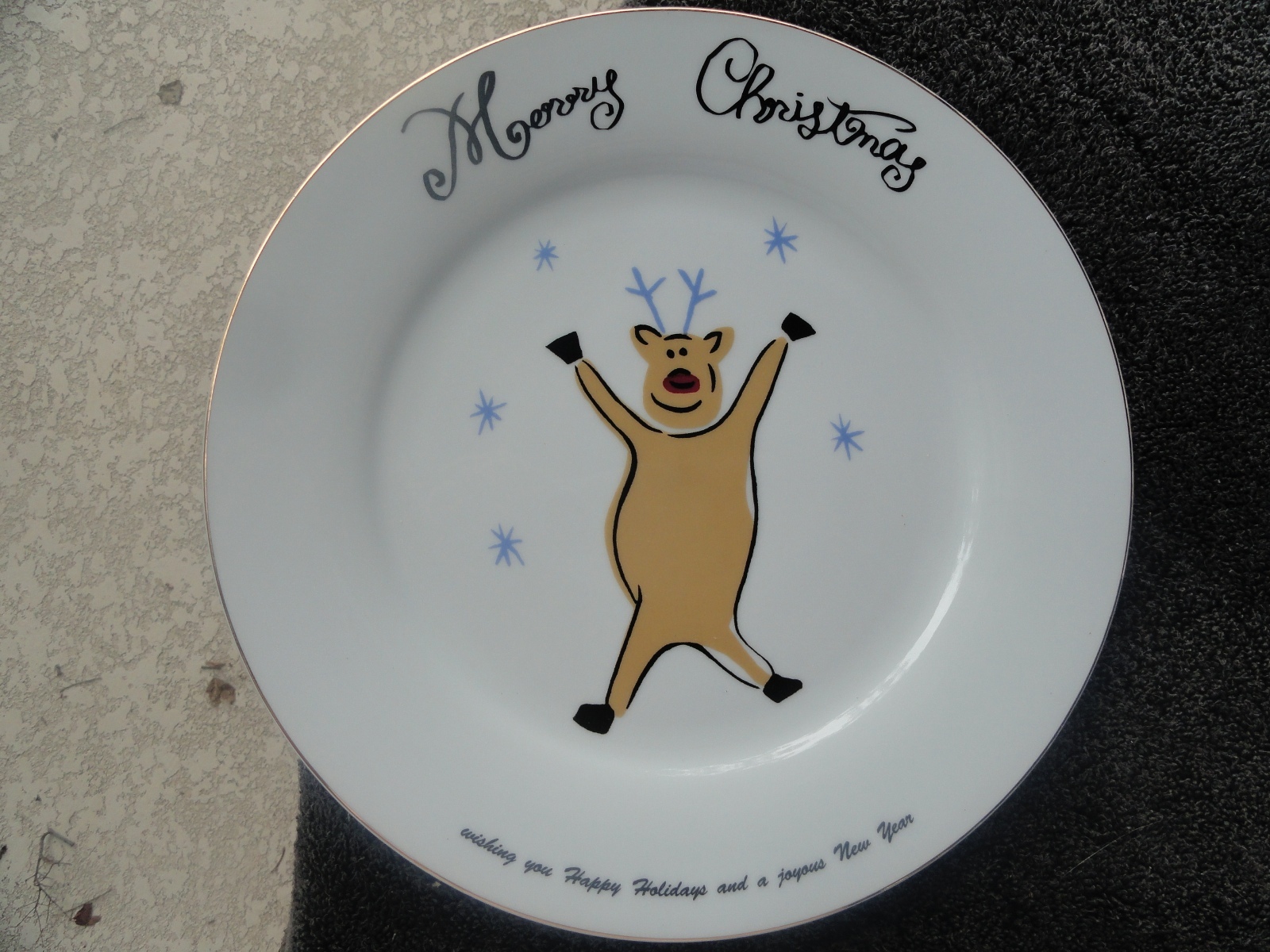 Merry Brite Merry Christmas Brown Reindeer Blue Stars Gold Rim Dinner ...