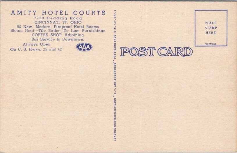 CINCINNATI, Ohio Postcard AMITY HOTEL COURTS Roadside Curteich Linen ...