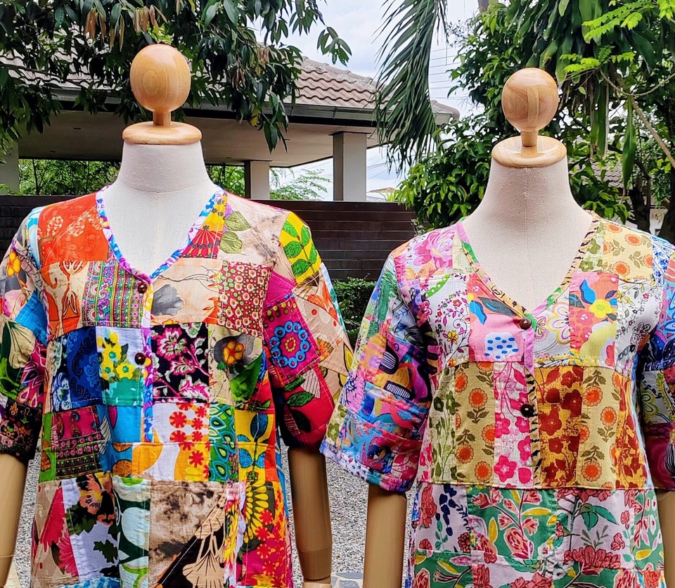 Handmade Boho A-Line Dress, V-Neck Button Front, Patchwork Cotton by Thai Women | eBay