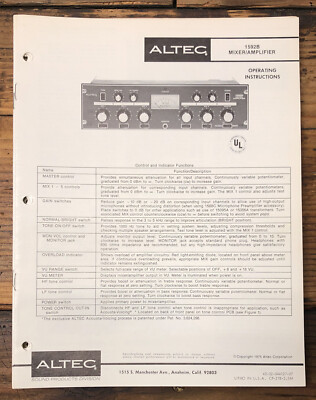 Altec Model 1592B Mixer Owners & Schematic Manual *ORIGINAL* | eBay