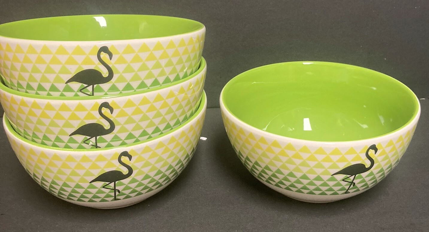 Ceramic Bowl Set (4) Flamingo Green & Yellow Design 6" Serving Dish ...