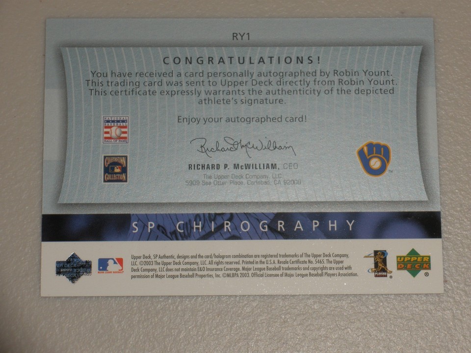 2003 Upper Deck SP Authentic SP Chirography Autograph Auto Robin Yount ...