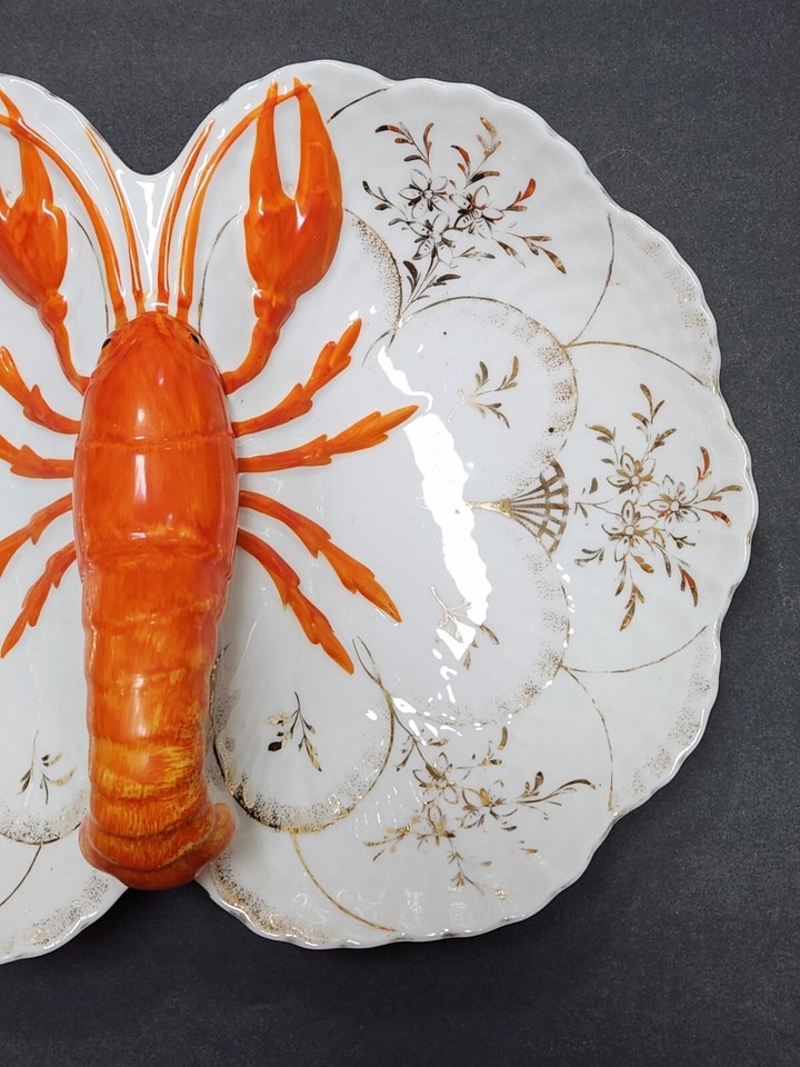 Antique German Divided Lobster Dish Lobster Tail Handle Gold & White 14 ...