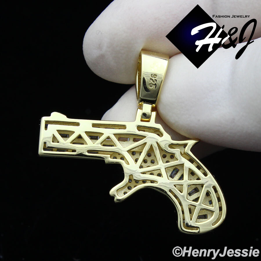 MEN 925 STERLING SILVER ICY CUBIC ZIRCONIA GOLD PLATED "GUN" SHAPE ...