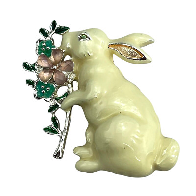 Napier Easter Bunny White Rabbit w Flowers Brooch Pin Spring Gold Tone ...