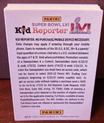 Kid Reporter Entry Cards (Unused) 2021 Super Bowl LVI Panini Lot of 23 ...