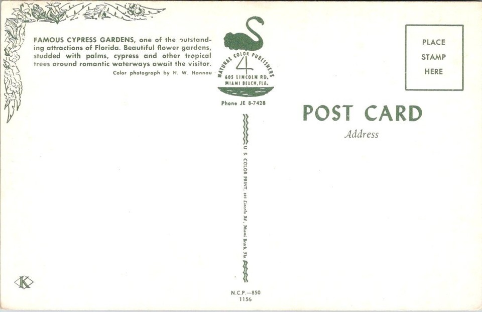 Postcard Famous Cypress Gardens Flower Gardens Palms Waterways Bridge ...