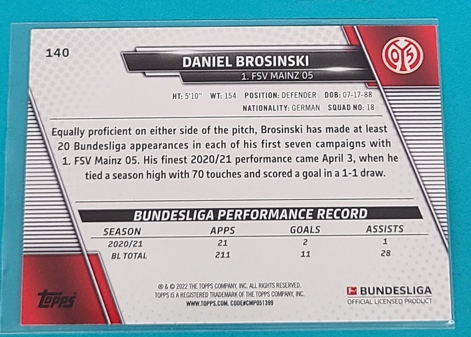2021-22 Topps Bundesliga Sparkle Foil #140 Daniel Brosinski Soccer Card ...